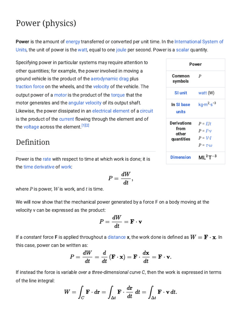 Power (Physics) - Wikipedia | PDF | Power (Physics) | Physics