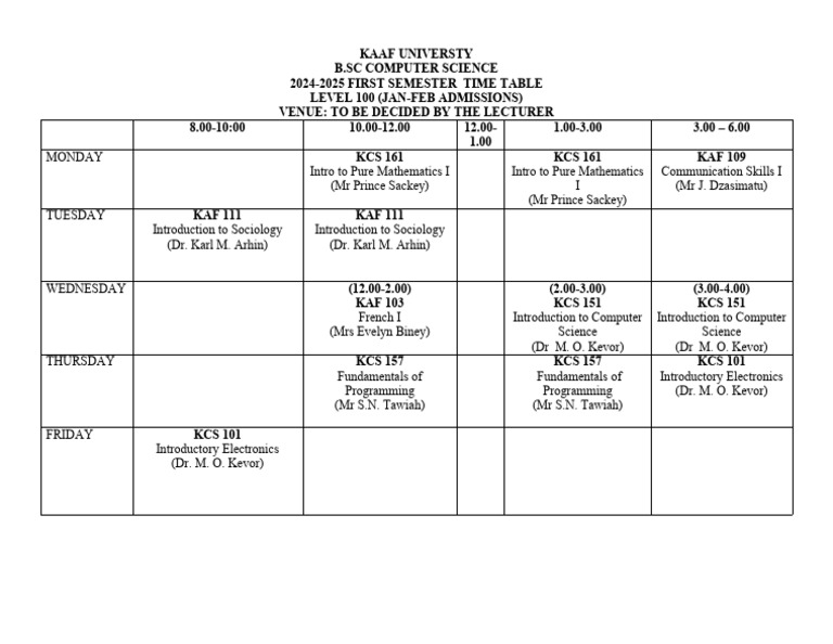 Teaching Time Table For First Semester 2024-2025 - l100 (Jan-Feb) .Amended | PDF