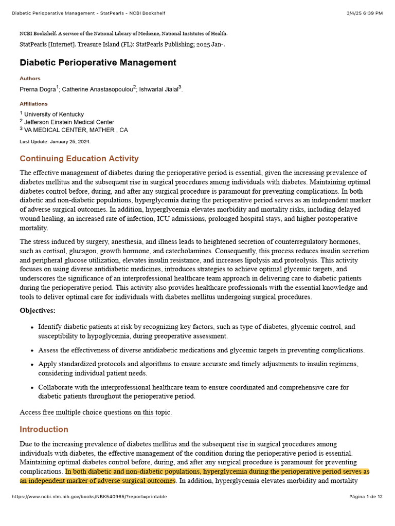 Diabetic Perioperative Management - StatPearls - NCBI Bookshelf | PDF ...