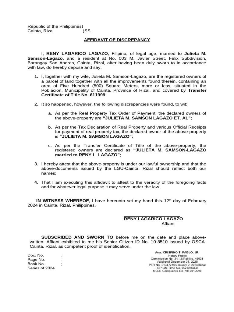 Affidavit-Discrepancy-Owner-Tax Declaration-Reny Lagarico Lagazo (2024 ...