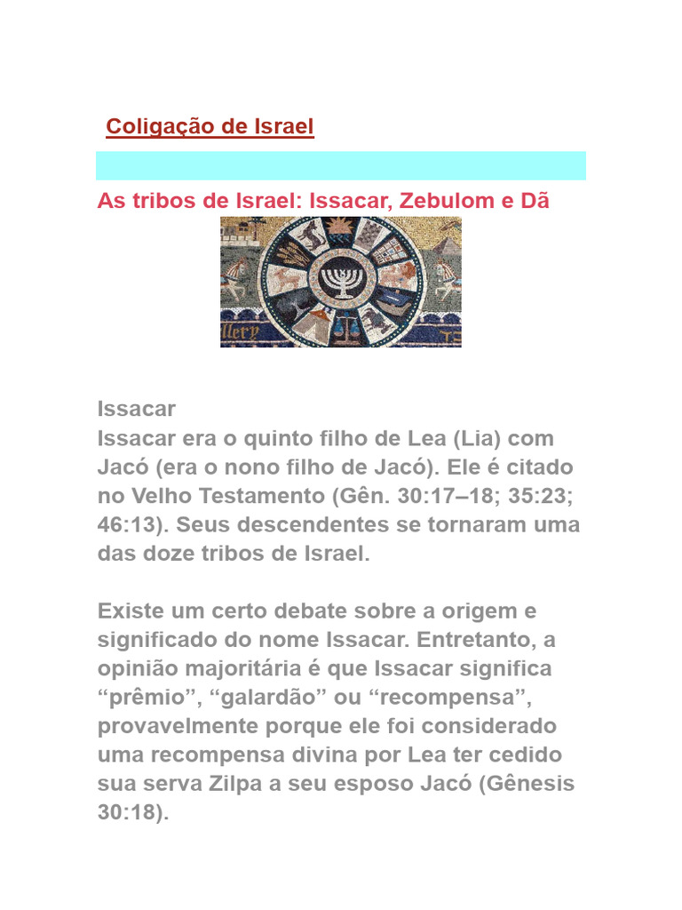 Tribos, Issacar, Zebulom e Dã . | PDF | Lea | Jacó