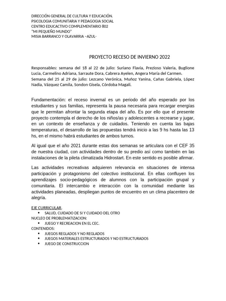 Proyecto Receso de Invierno 2022 | PDF | Pedagogía | Enseñando