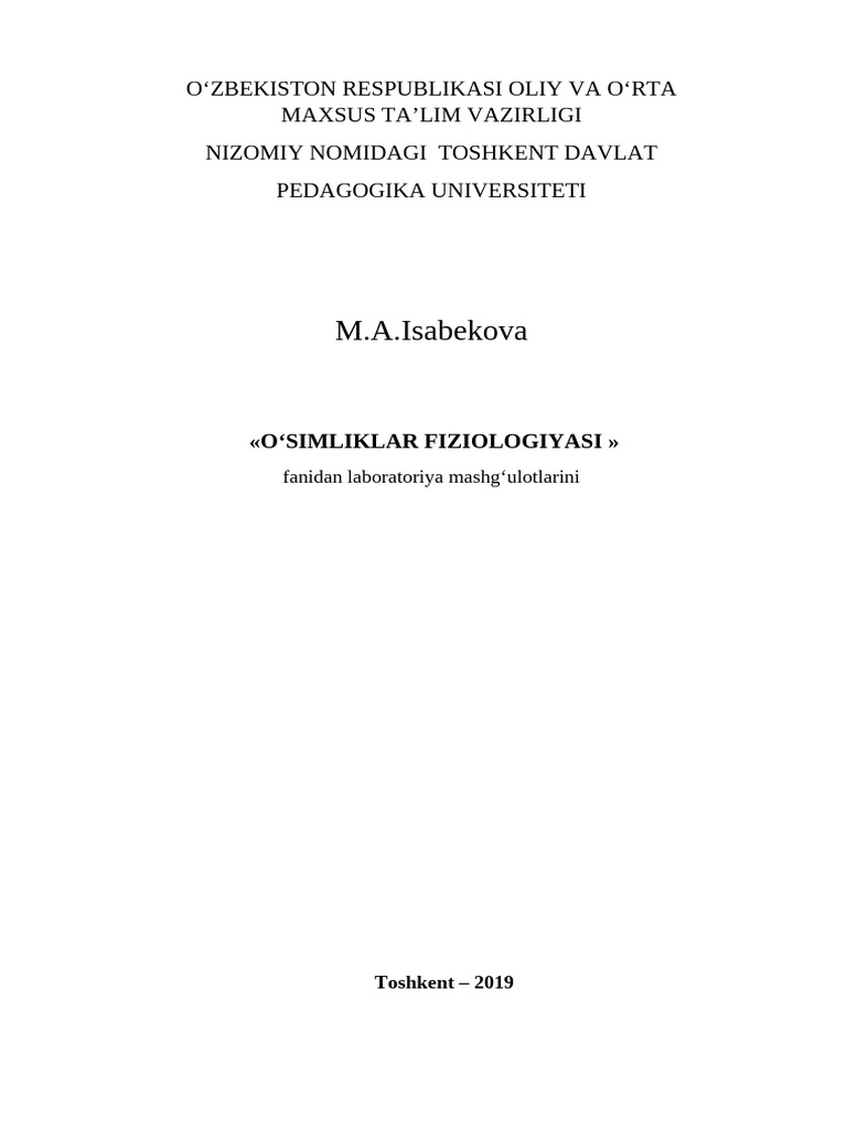 O'Simliklar Fiziologoyasi Lab | PDF