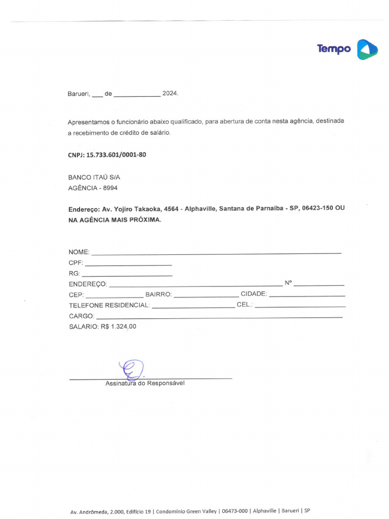 Carta de Abertura de Conta Itau 2024 | PDF