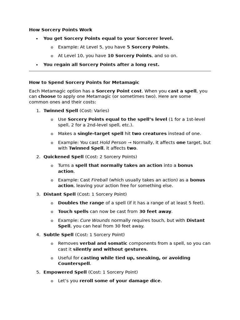Sorcery Points Guide for Gamers | PDF
