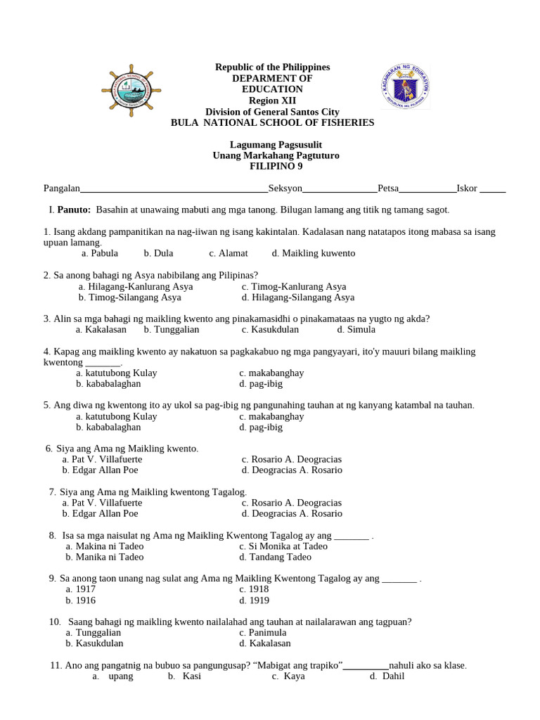 Fil9 Q1 Unang-Lagumang-Pagsusulit | PDF