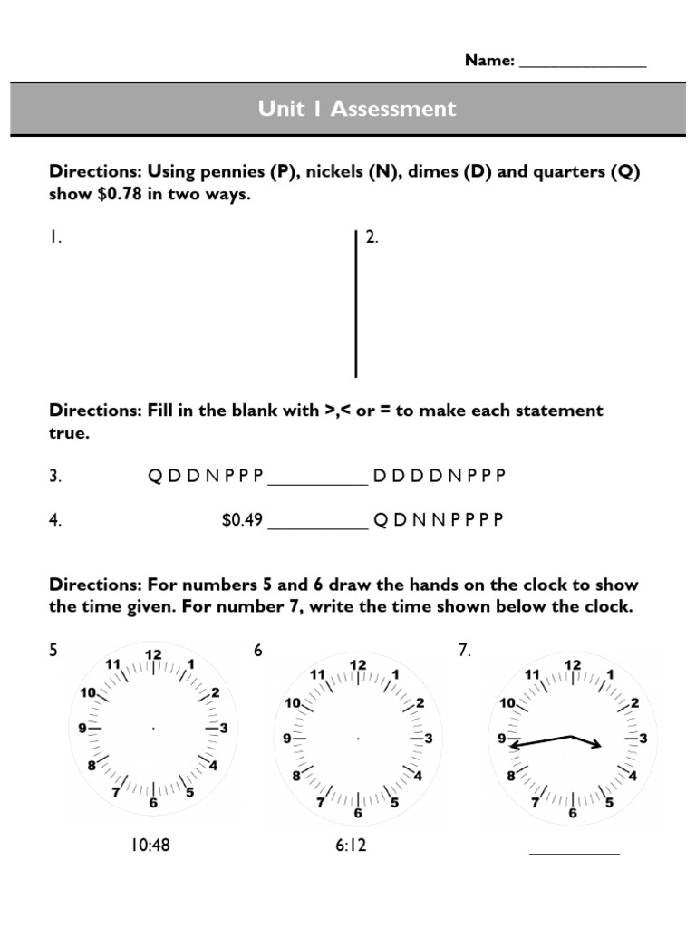 ThirdGradeUnit1AssessmentTimeElapsedTimeMoneyDataNumberPatterns-1 (1) | PDF