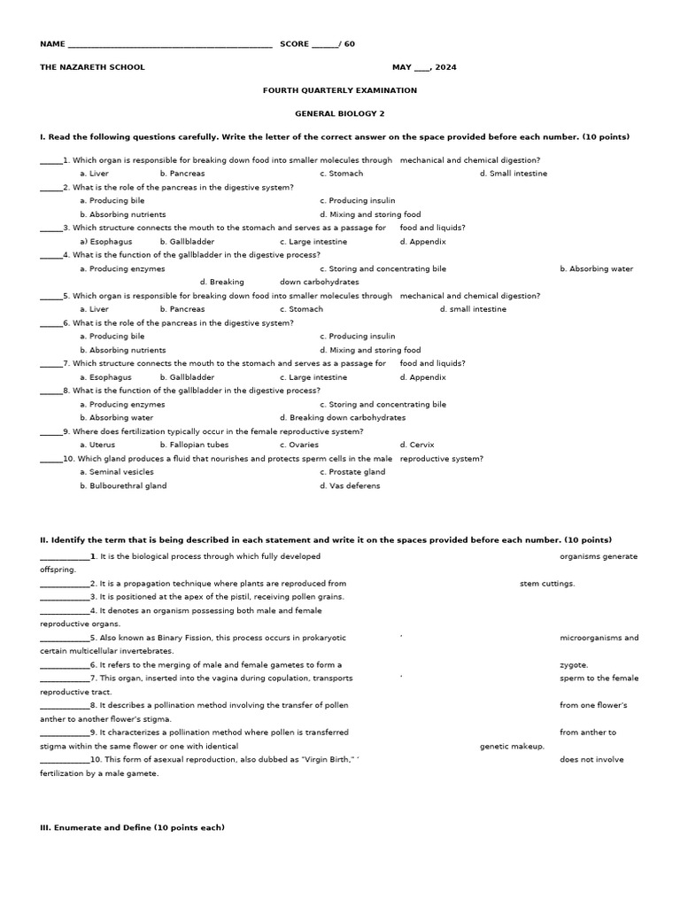 Biology Exam for High School Students | PDF | Digestion | Reproduction