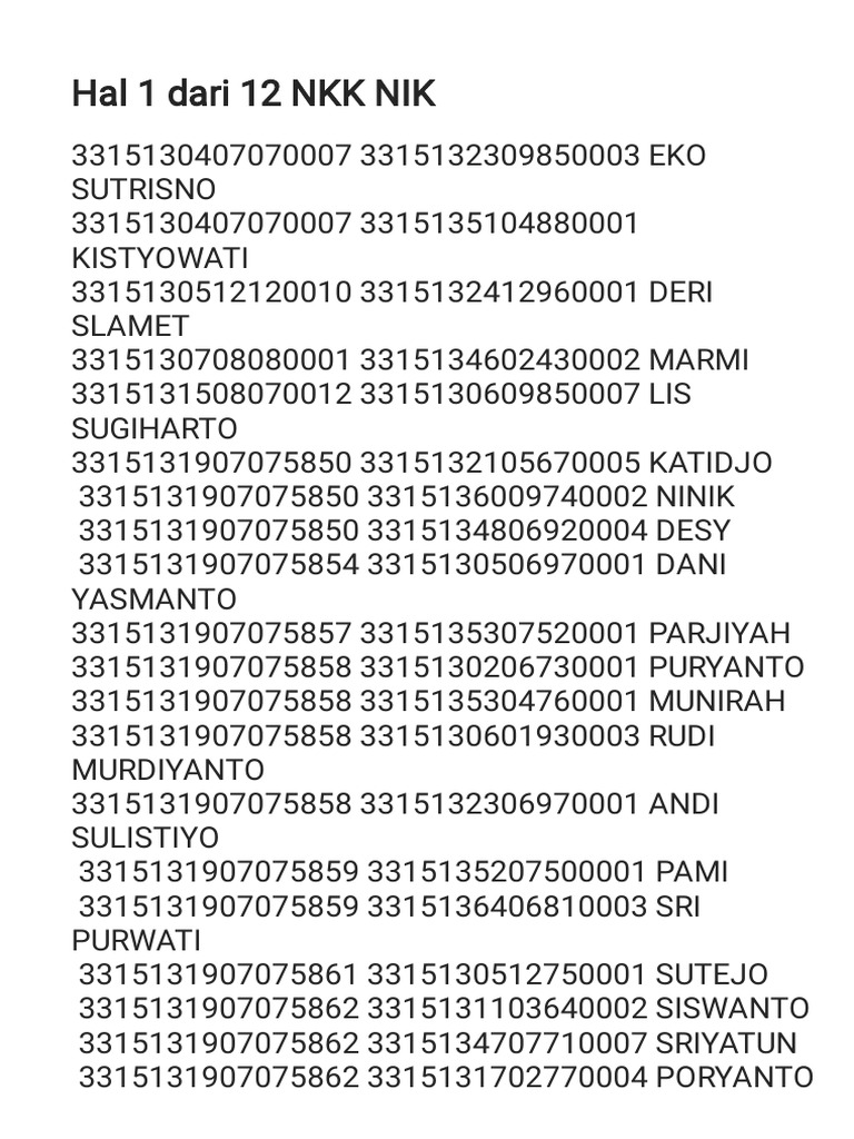 Daftar NKK dan NIK Warga 2023 | PDF