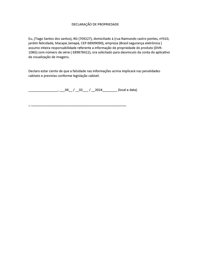 Declaração De Propriedade De Produto Pdf