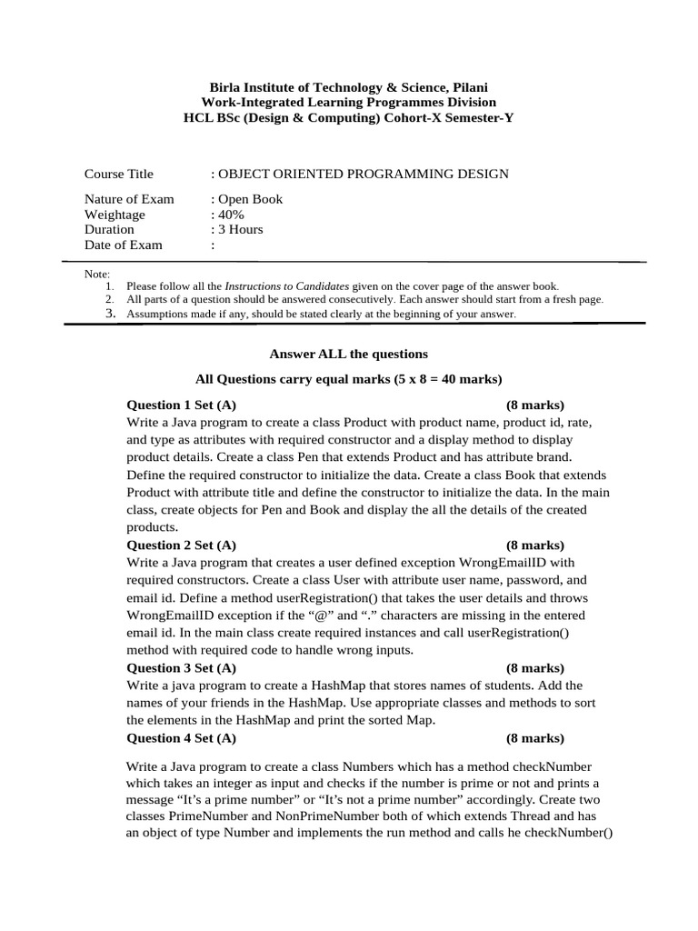 SampleQuestionPaper Compre | PDF | Class (Computer Programming) | Method (Computer Programming)