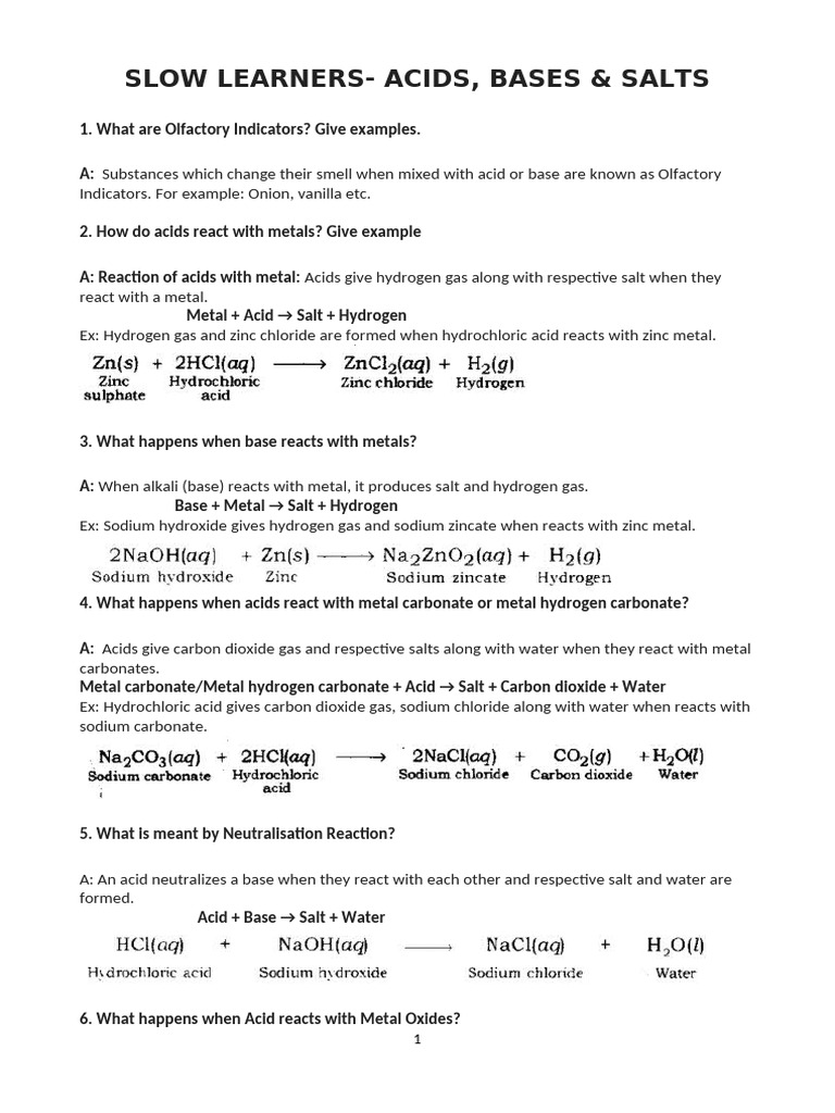 Acids, Bases & Salts: Key Reactions | PDF | Acid | Sodium Carbonate