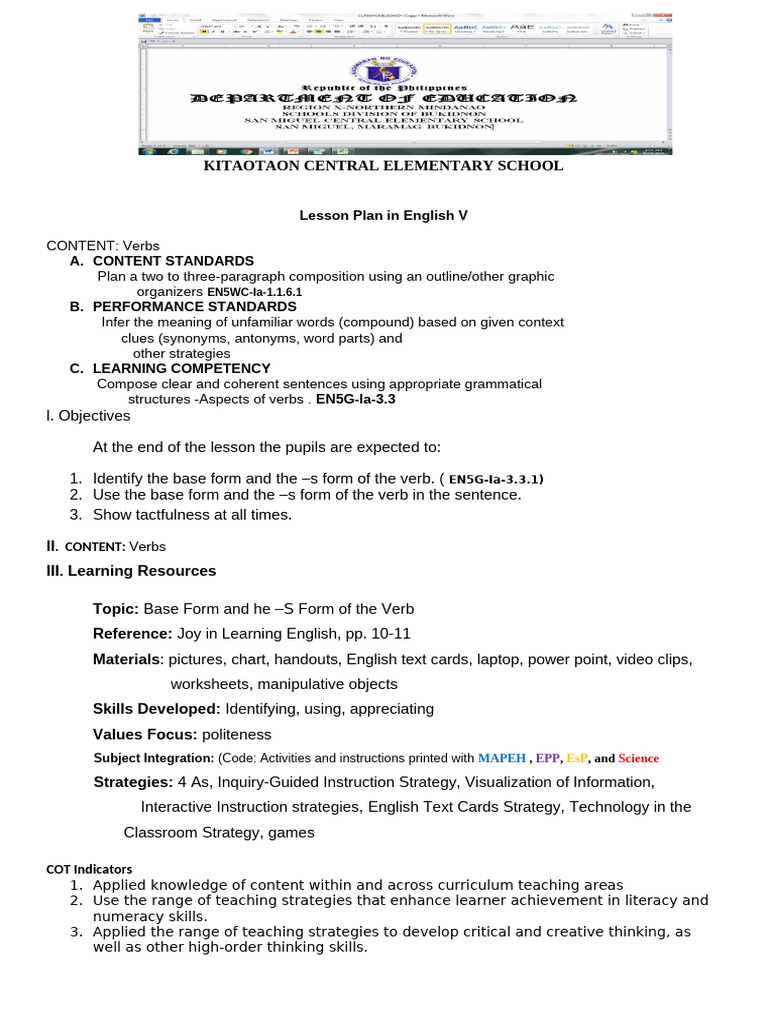 Sample LP Based On DO - s2016 - 042 With COT Indicator | PDF | Learning ...
