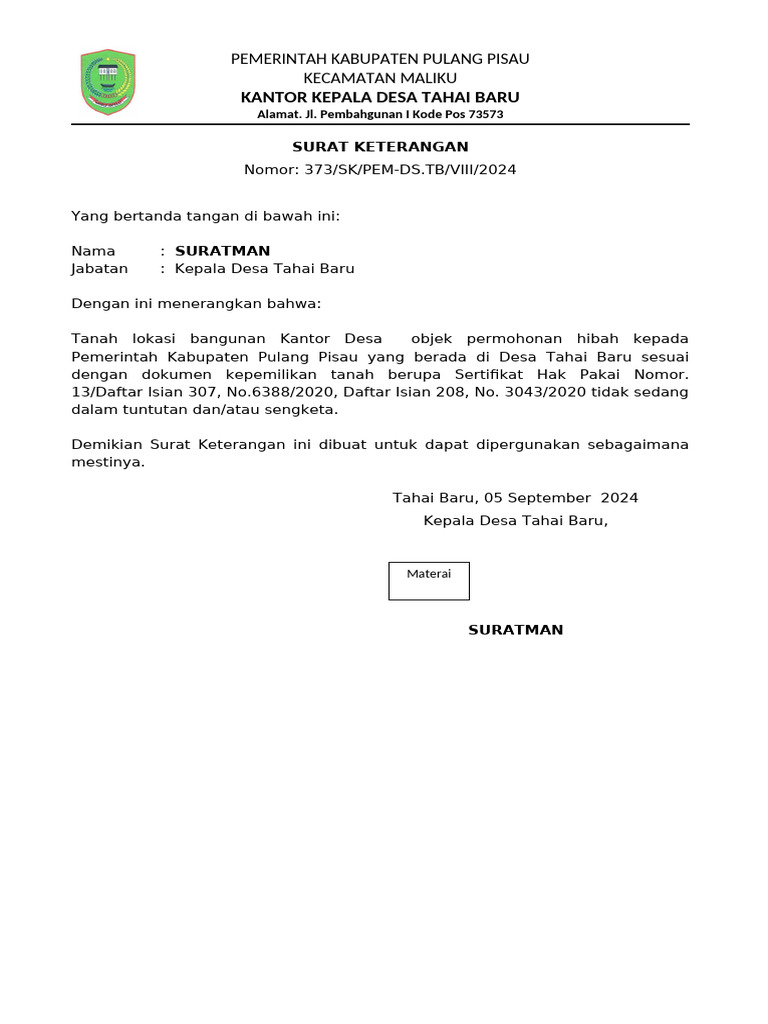 Surat Keterangan Status Tanah Template | PDF