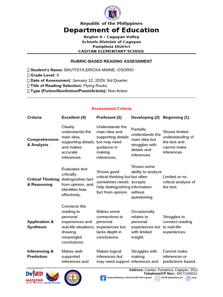 Rubric Based Reading Assessment | PDF | Critical Thinking | Inference