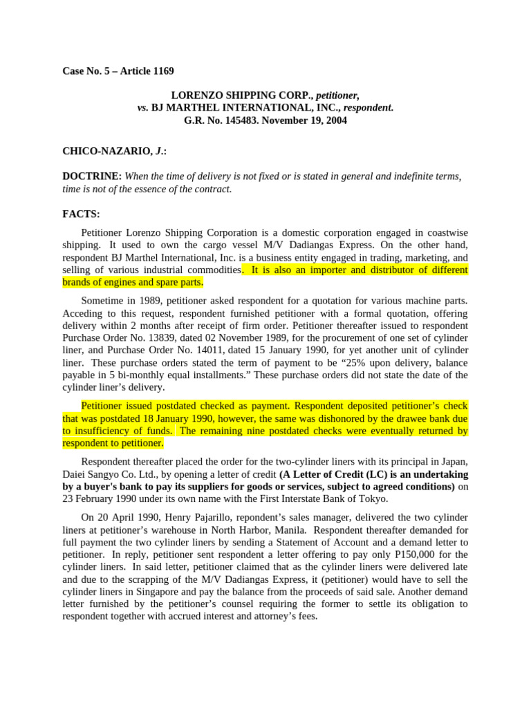 Lorenzo Shipping vs. BJ Marthel Case Summary | PDF | Offer And ...