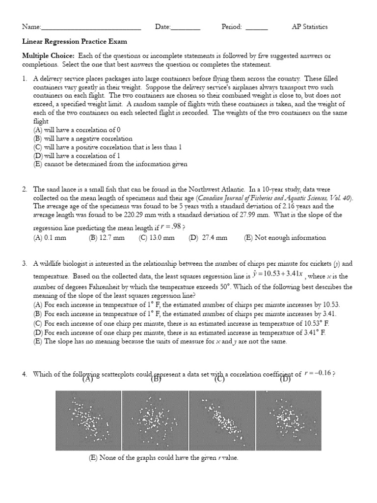 AP Statistics Linear Regression Exam | PDF | Errors And Residuals | Regression Analysis
