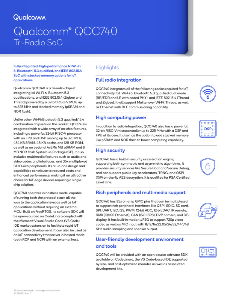 87-75957-1 REV C Qualcomm QCC740 Tri-Radio SoC Product Brief | PDF | System On A Chip ...