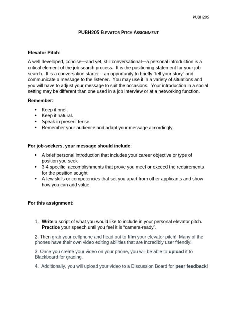 Elevator Pitch Assignment Guide | PDF