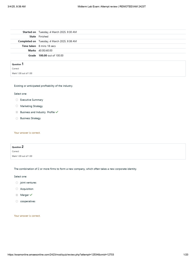 Midterm Lab Exam_ Attempt review _ REMOTEEXAM 2423T | PDF | Franchising | Partnership
