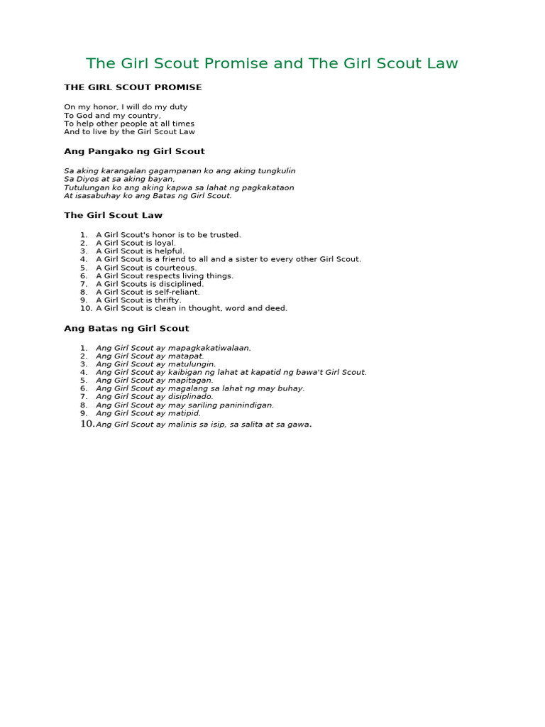 The Girl Scout Promise and The Girl Scout Law | PDF | Scouting | Youth ...