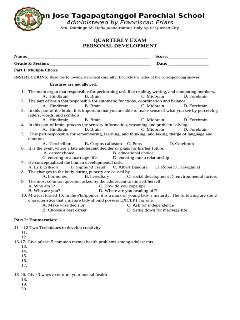 Perdev-1st Quarterly Exam | PDF | Brain | Adolescence