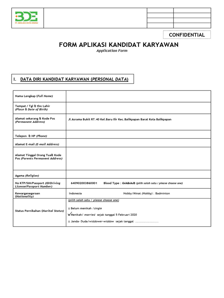 Form Aplikasi Kandidat Karyawan - PT - BDE | PDF