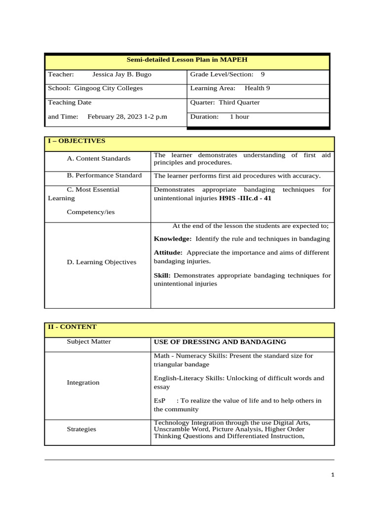 First Aid Bandaging Lesson Plan for Grade 9 | PDF | Learning