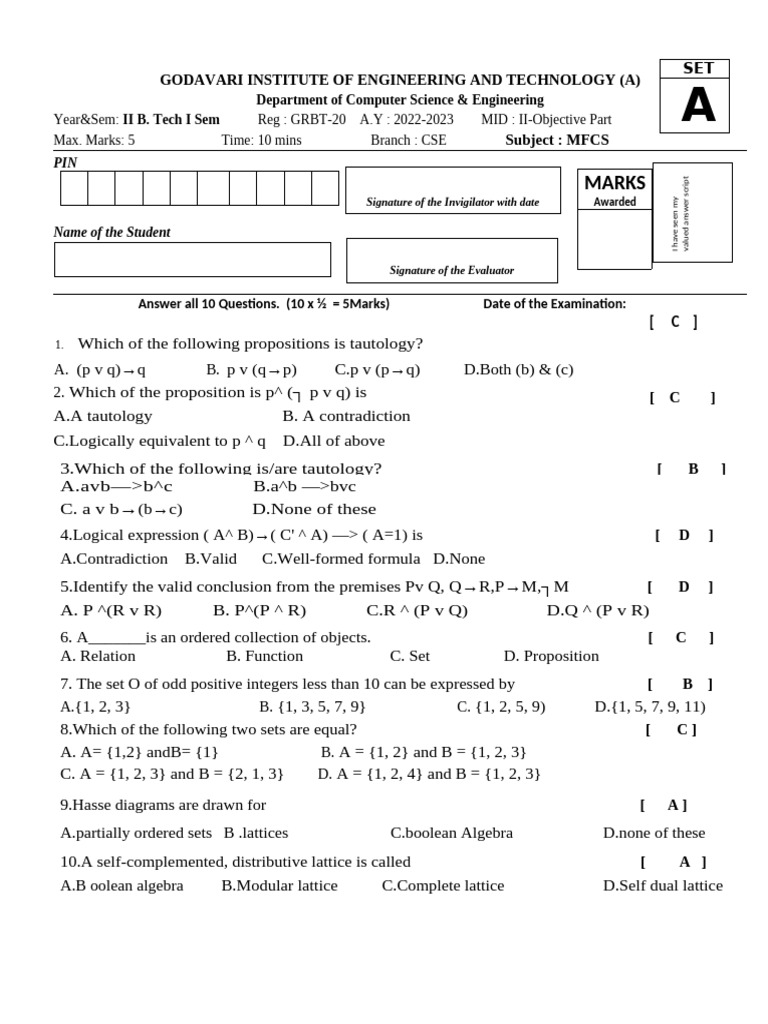 Mfcs-Objective - Set A, B, C, D (1) Answers | PDF | If And Only If | Contradiction