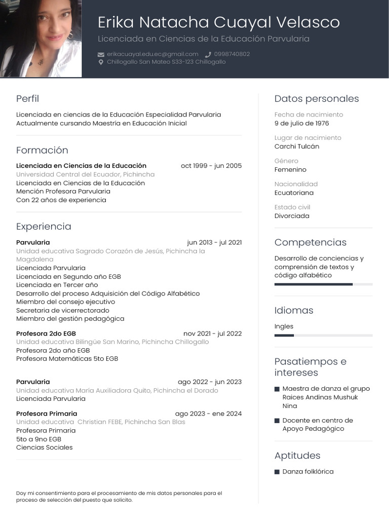 CV Erika Natacha Cuayal Velasco 19 - 01 - 2024 14 - 24 - 46 | PDF | Maestros | Educación de la ...