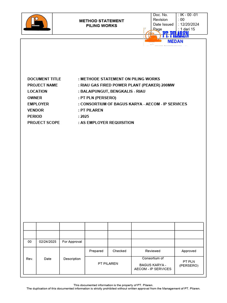 PILAREN - Method Statement On Piling Works | PDF | Deep Foundation