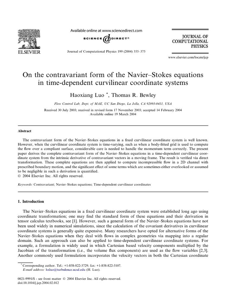 Luo 2003 On The Contravariant Form of The Navier-Stokes Equations in ...