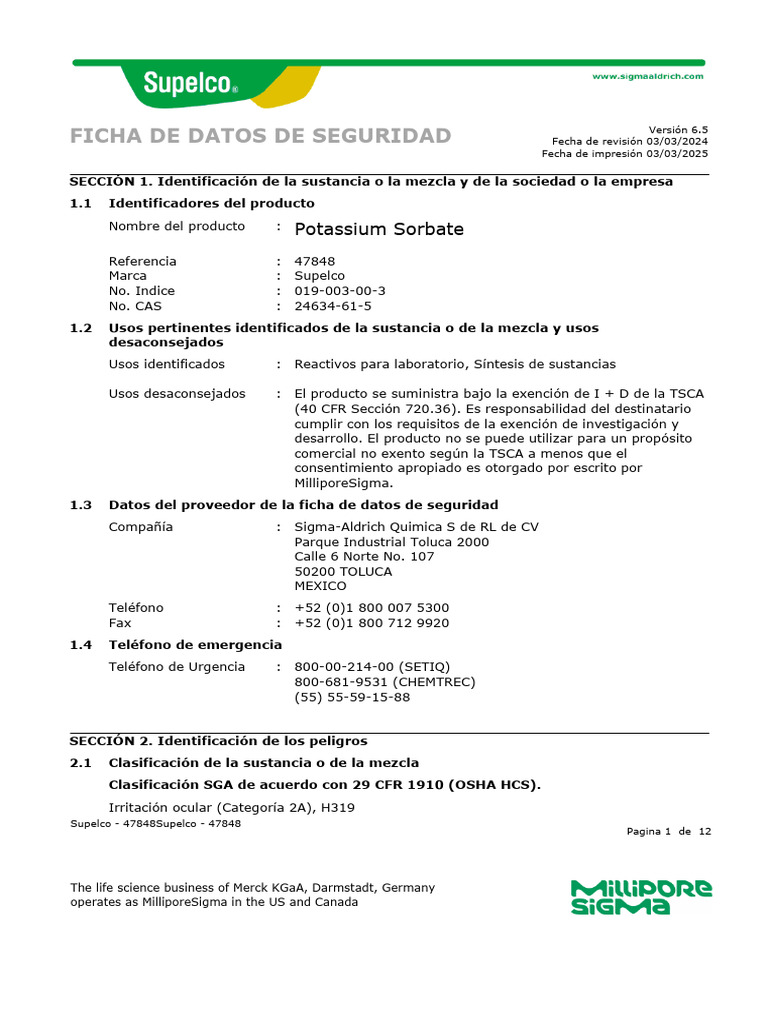 Ficha de Datos de Seguridad: Potassium Sorbate | PDF | Mutageno