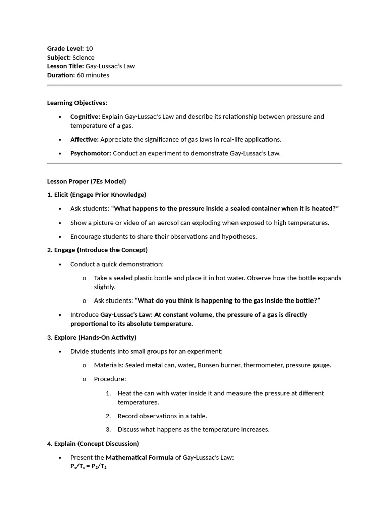 Grade 10 Science Gay Lussac Law Outline | PDF | Gases | Temperature