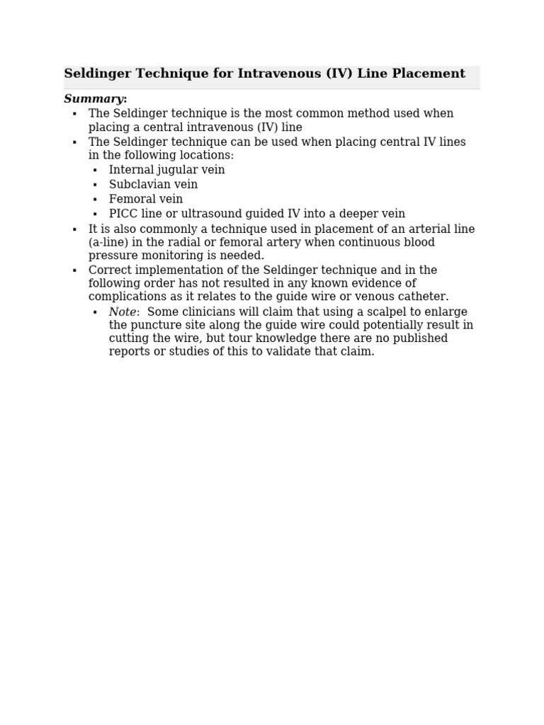 Seldinger Technique for IV Line Placement | PDF | Vein | Medical ...