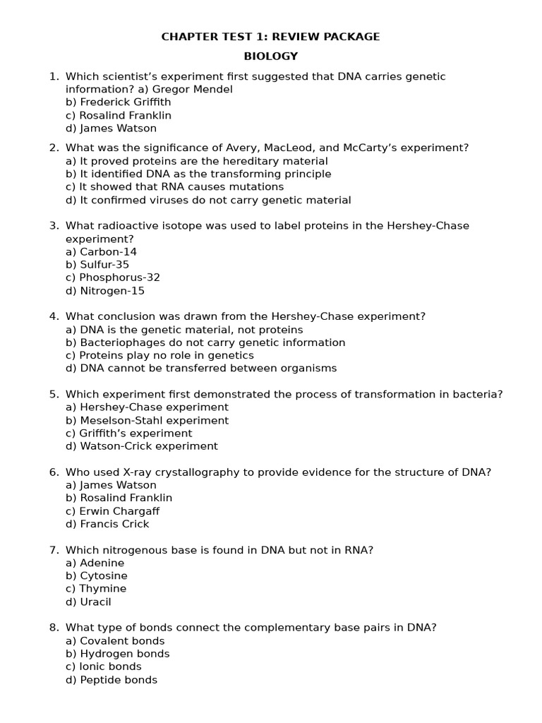 Chapter Test 1 - Review Package 2 | PDF | Rna | Dna
