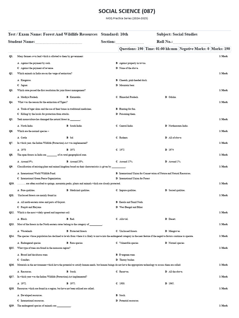 Forest and Wildlife Resources MCQs | PDF | Biodiversity | Himalayas
