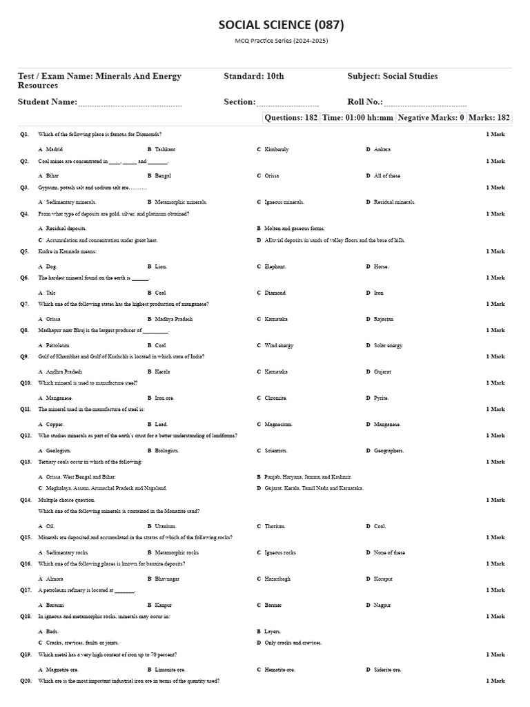 Class 10 MCQs on Minerals & Energy Resources | PDF | Rock (Geology) | Ore