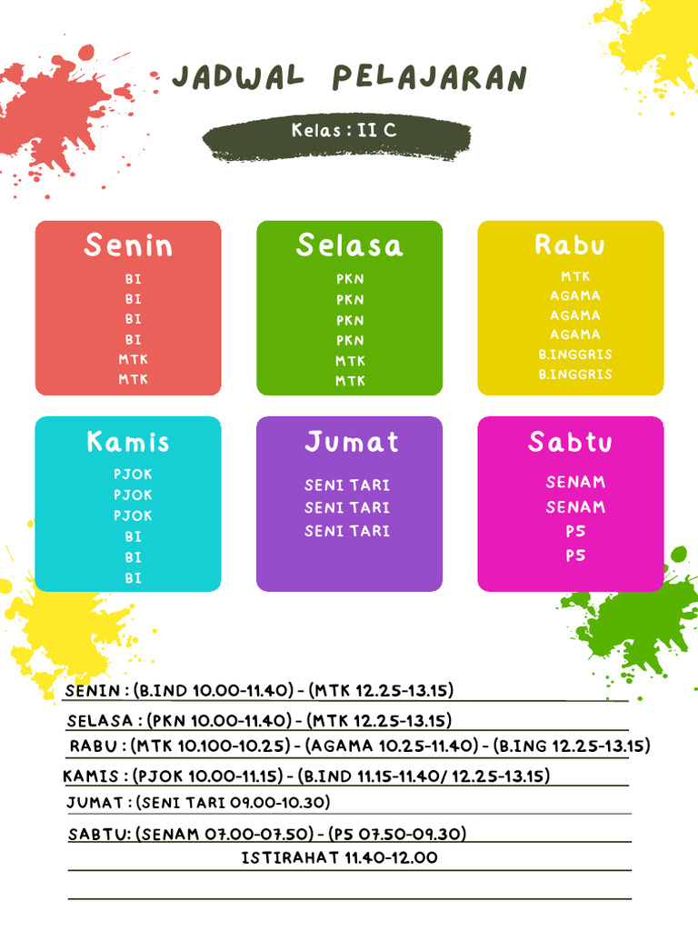 Jadwal Pelajaran Kelas 2C Untuk Guru | PDF