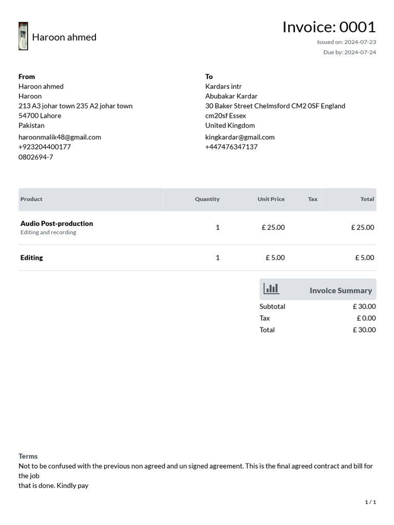 Invoice for Audio Post-Production Services | PDF