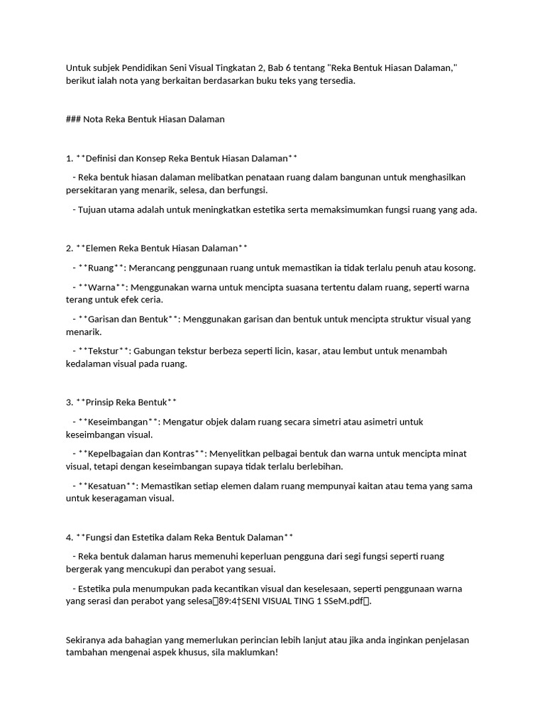 Untuk Subjek Pendidikan Seni Visual Tingkatan 2 | PDF