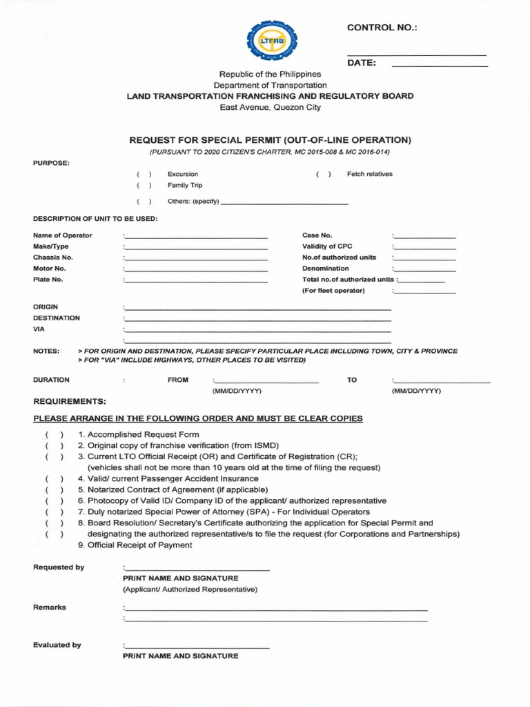 Updated - Special Permit For Out of Line Application Form | PDF
