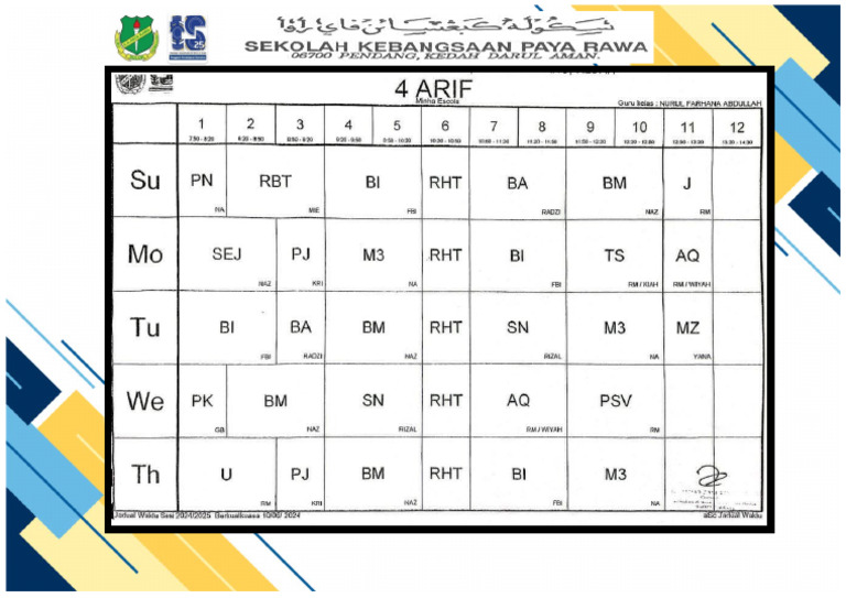 Jadual Kelas 4 Arif | PDF