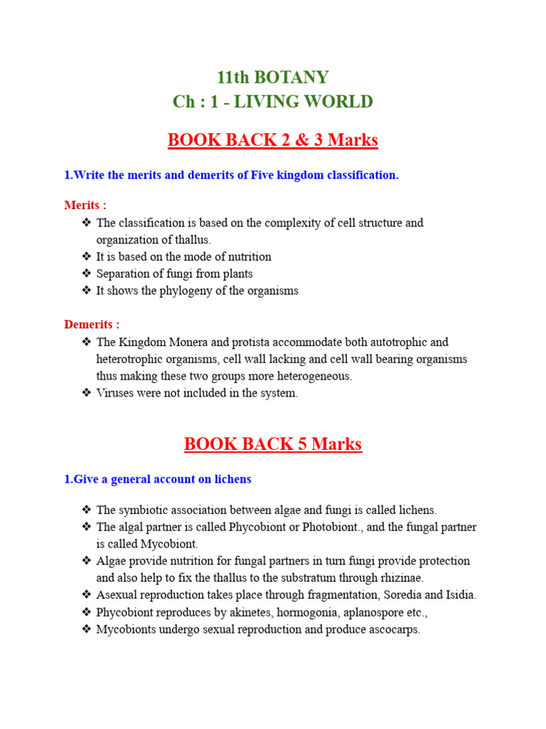 BOOK BACK 2 & 3 Marks: 11th BOTANY CH: 1 - Living World | PDF ...