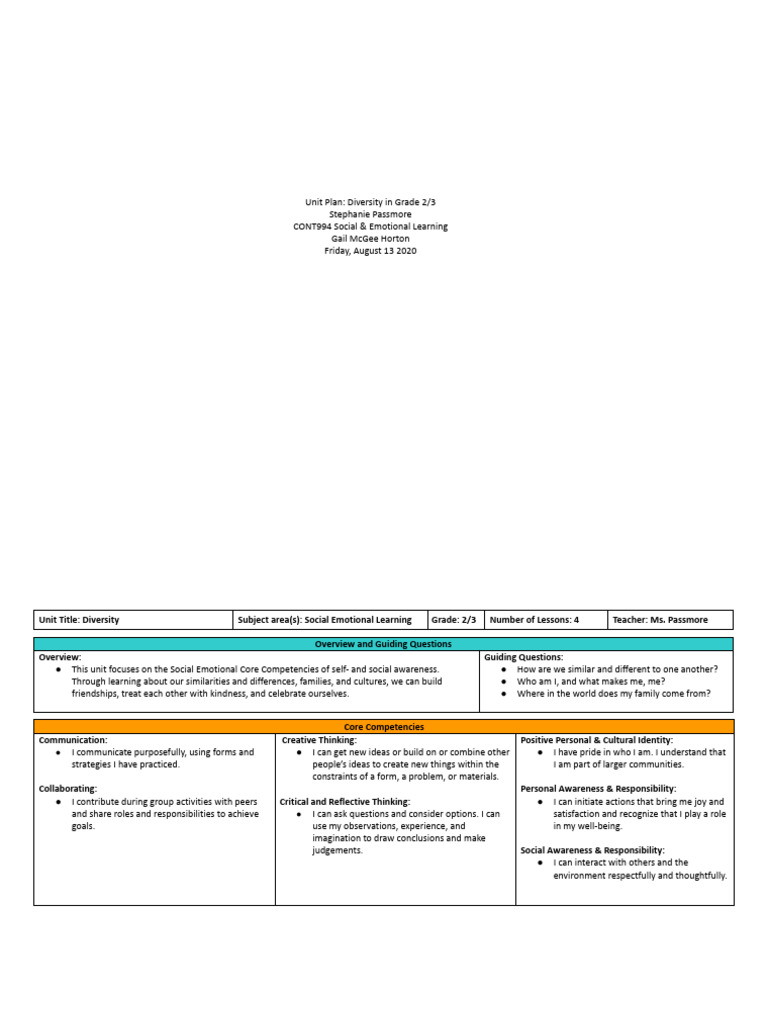 Diversity Unit Plan for Grades 2/3 | PDF | Identity (Social Science ...