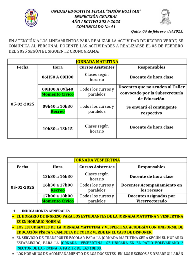 Horario Recreo Verde 2025 | PDF