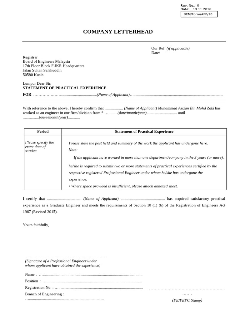 Practical Experience Statement for Engineers | PDF | Malaysia