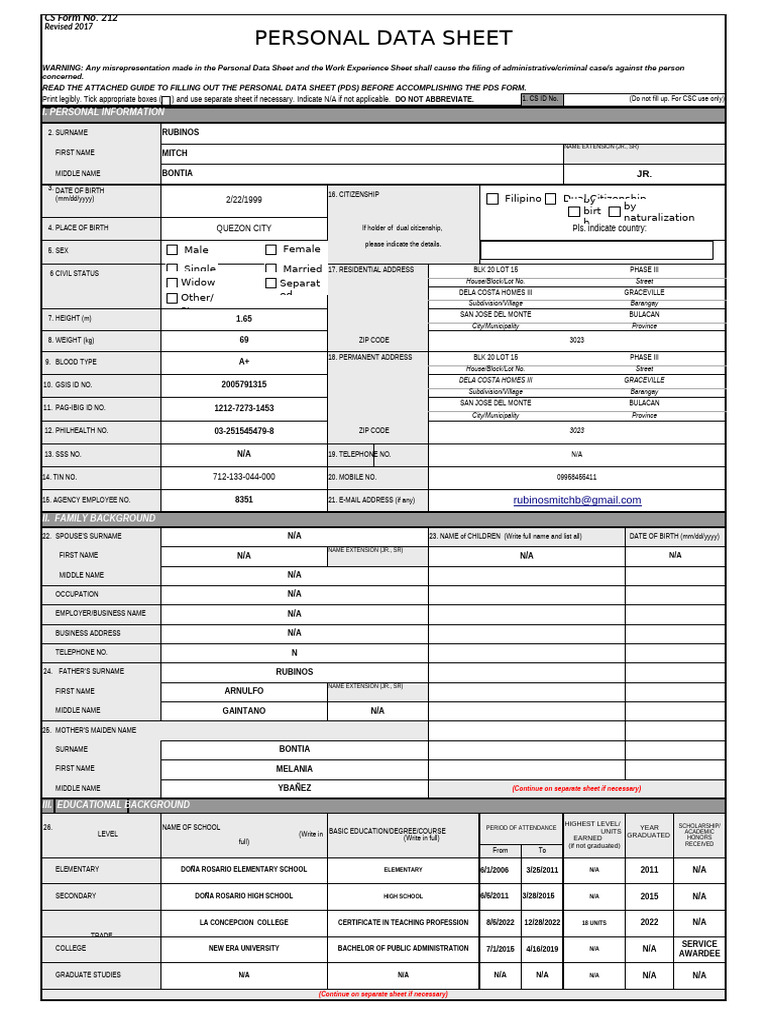 CSC Template - Personal Data Sheet | PDF | Government