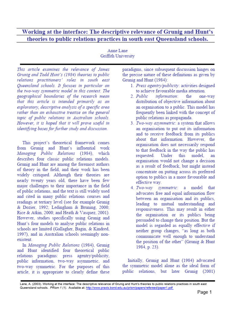 Grunig and Hunt's PR Models in QLD Schools | PDF | Communication ...