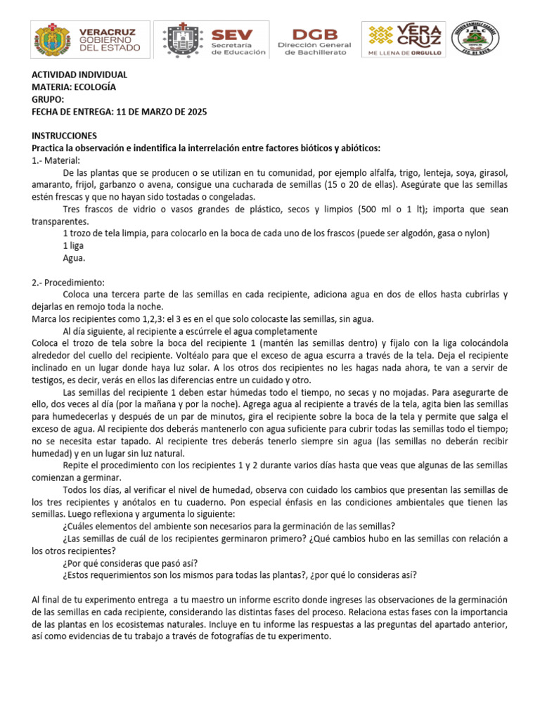 PRIM. PAR. ACT FACT BIOTICOS Y ABIOTICOS 2025 | PDF | Germinación | Semilla